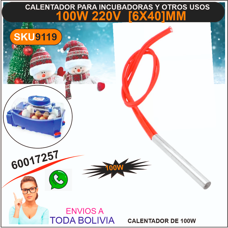 Calentador de 100C 220V [6X40]MM para incubadoras y otros usos.