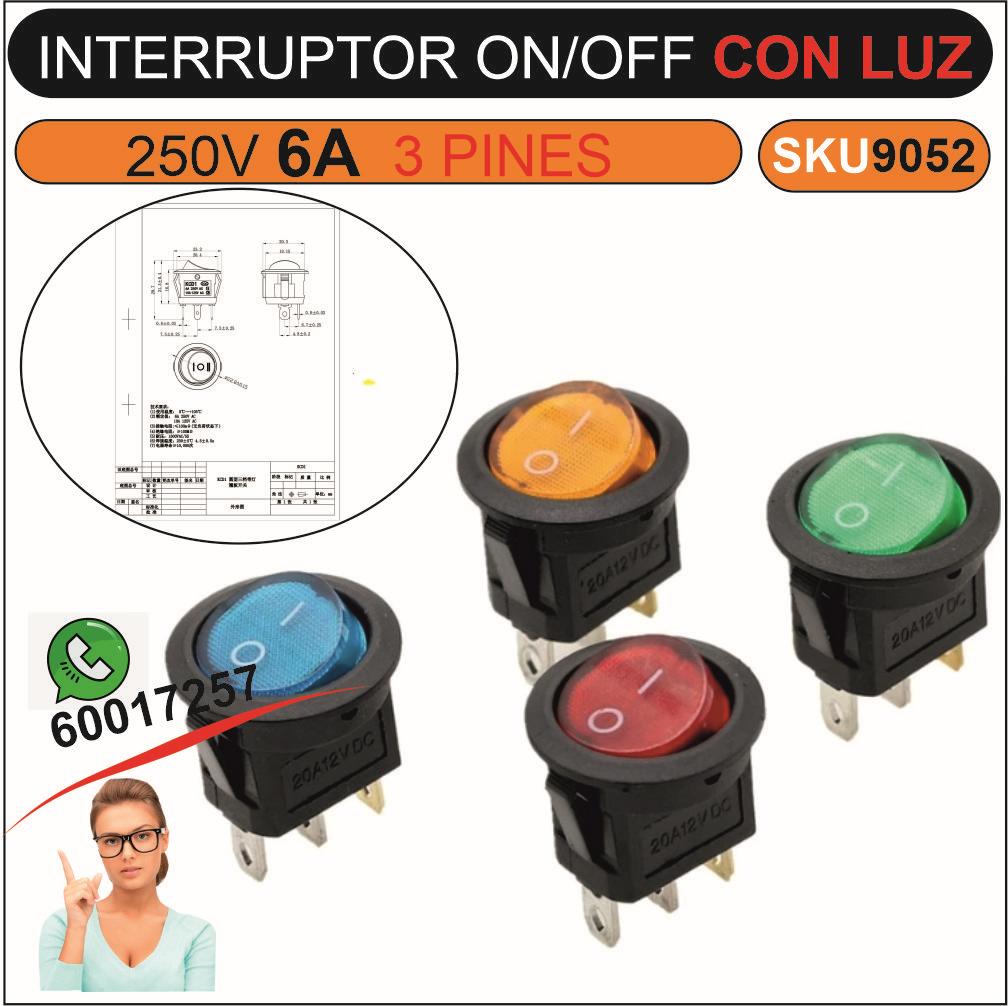 Interruptor ON-OFF con luz 3Pins 2Positions 250V 6A Boton